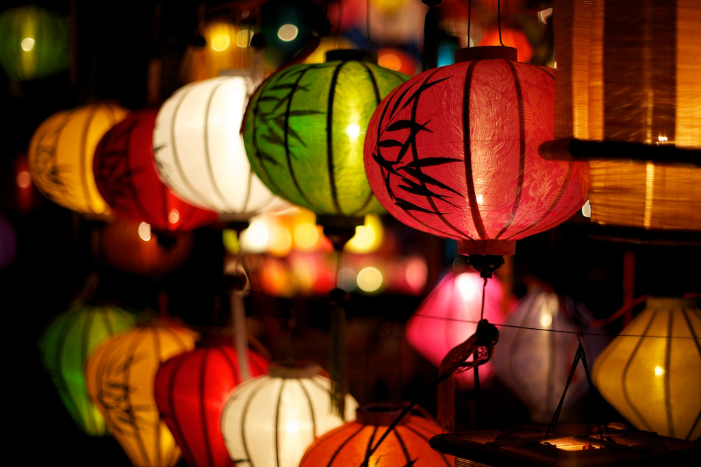 Octagonal red silk Asian lantern